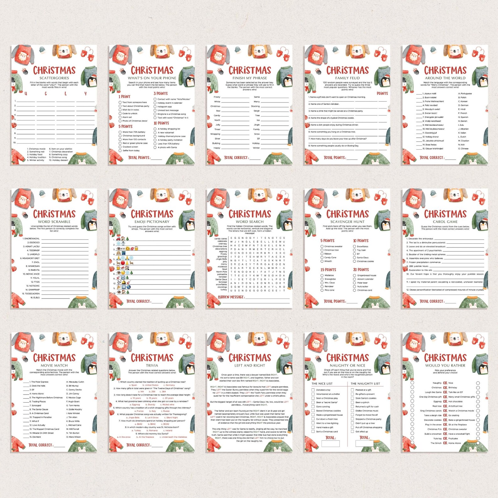 Ugly Sweater Party Games Bundle Printable Ugly Christmas Jumper Event ...