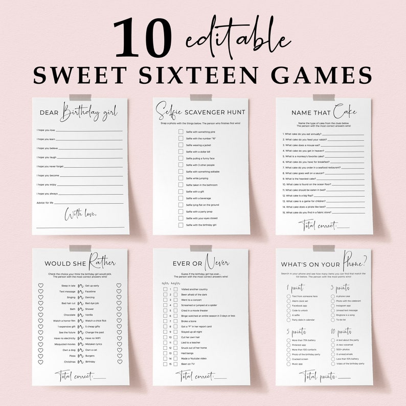 Editable Sweet Sixteen Games Bundle for Her 16th Birthday - Etsy