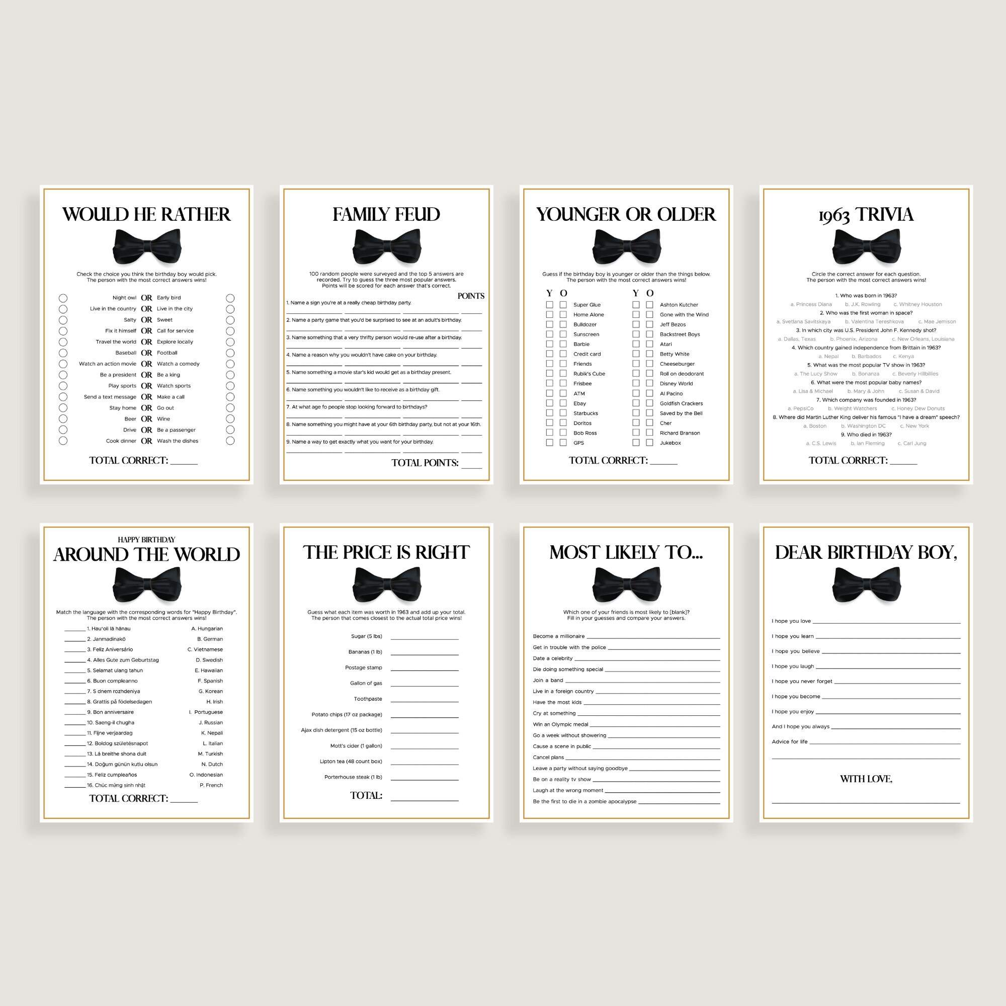 1963 Birthday Party Games Pack Instant Download Adults Activity Ideas ...