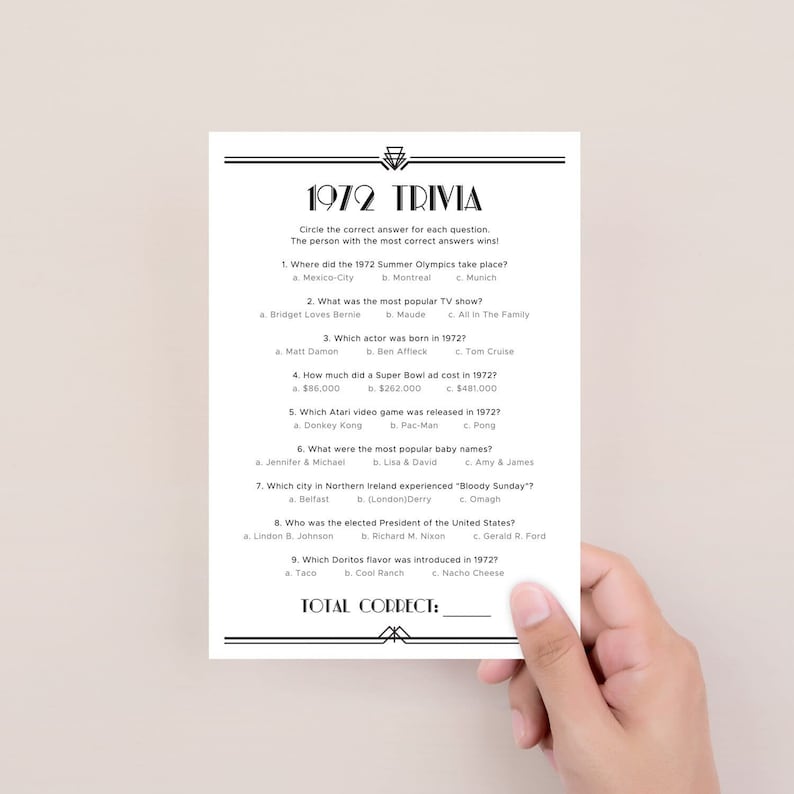 Fun Facts Quiz About 1972 Trivia Game Printable Birthday Party ...