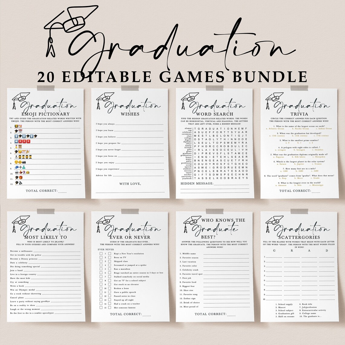 Graduation Party Games Bundle Editable Template Grad Activity Ideas ...