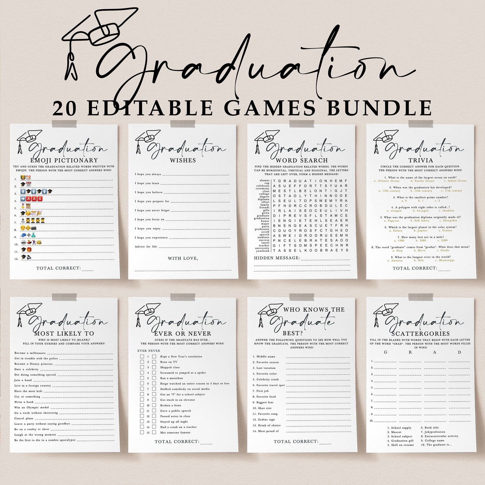 Graduation Party Games Bundle Editable Template Grad Activity Ideas ...