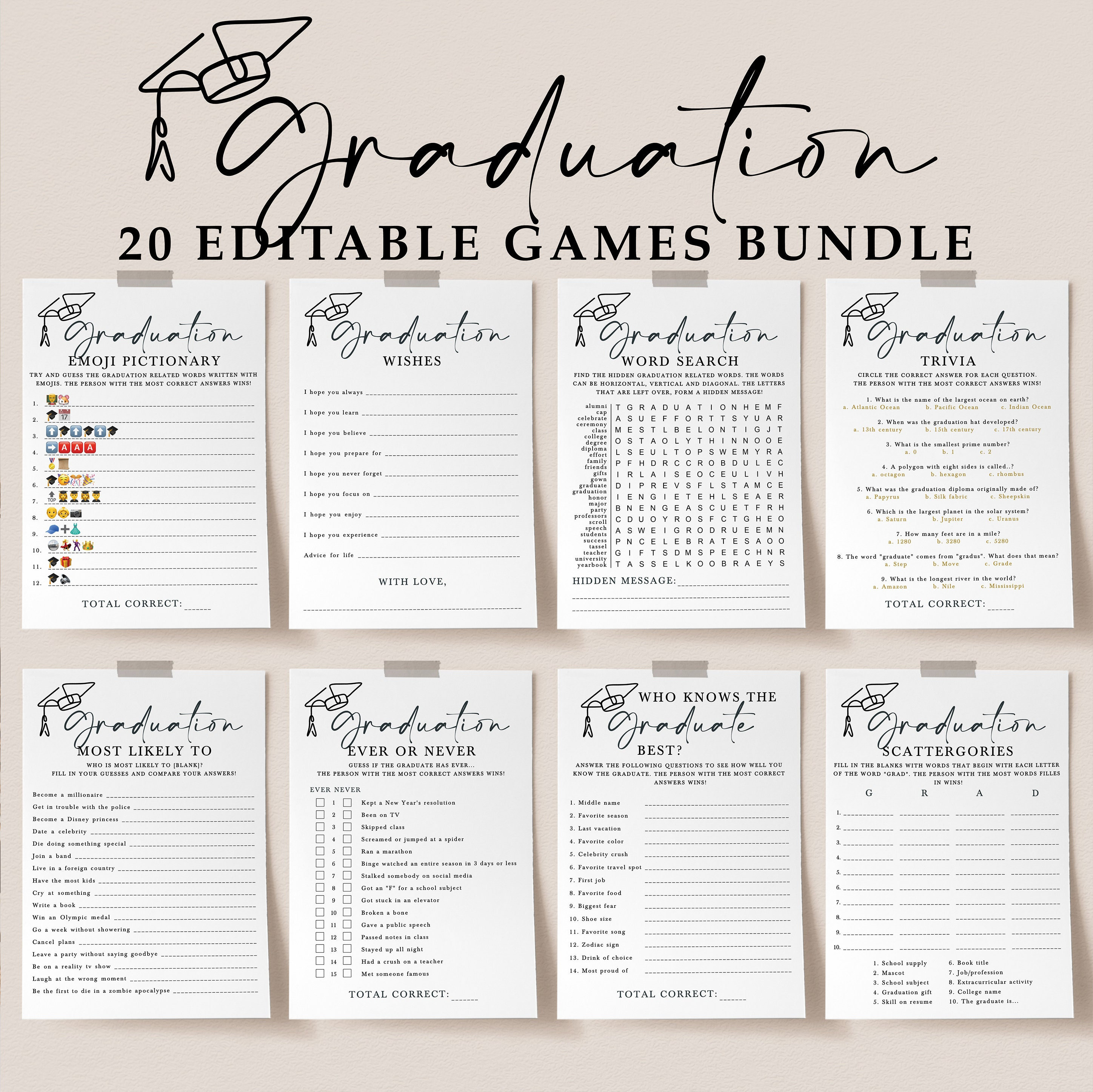Graduation Party Games Bundle Editable Template Grad Activity Ideas ...