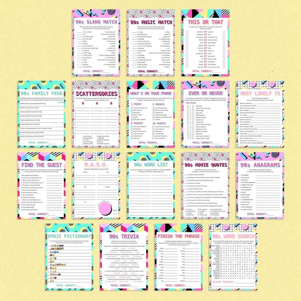 90s Party Games Printable Nineties Themed Activity Idea - Etsy