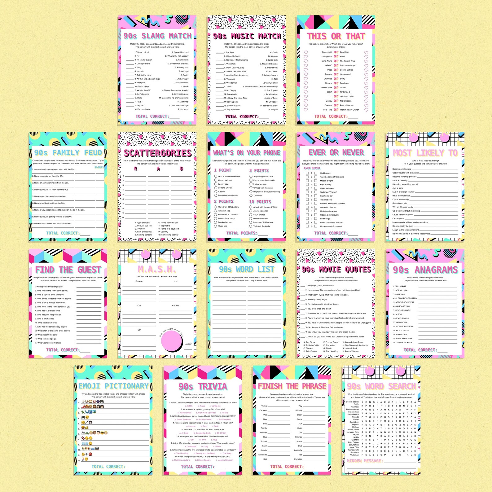 90s Party Games Printable Nineties Themed Activity Idea Vintage Aqua ...