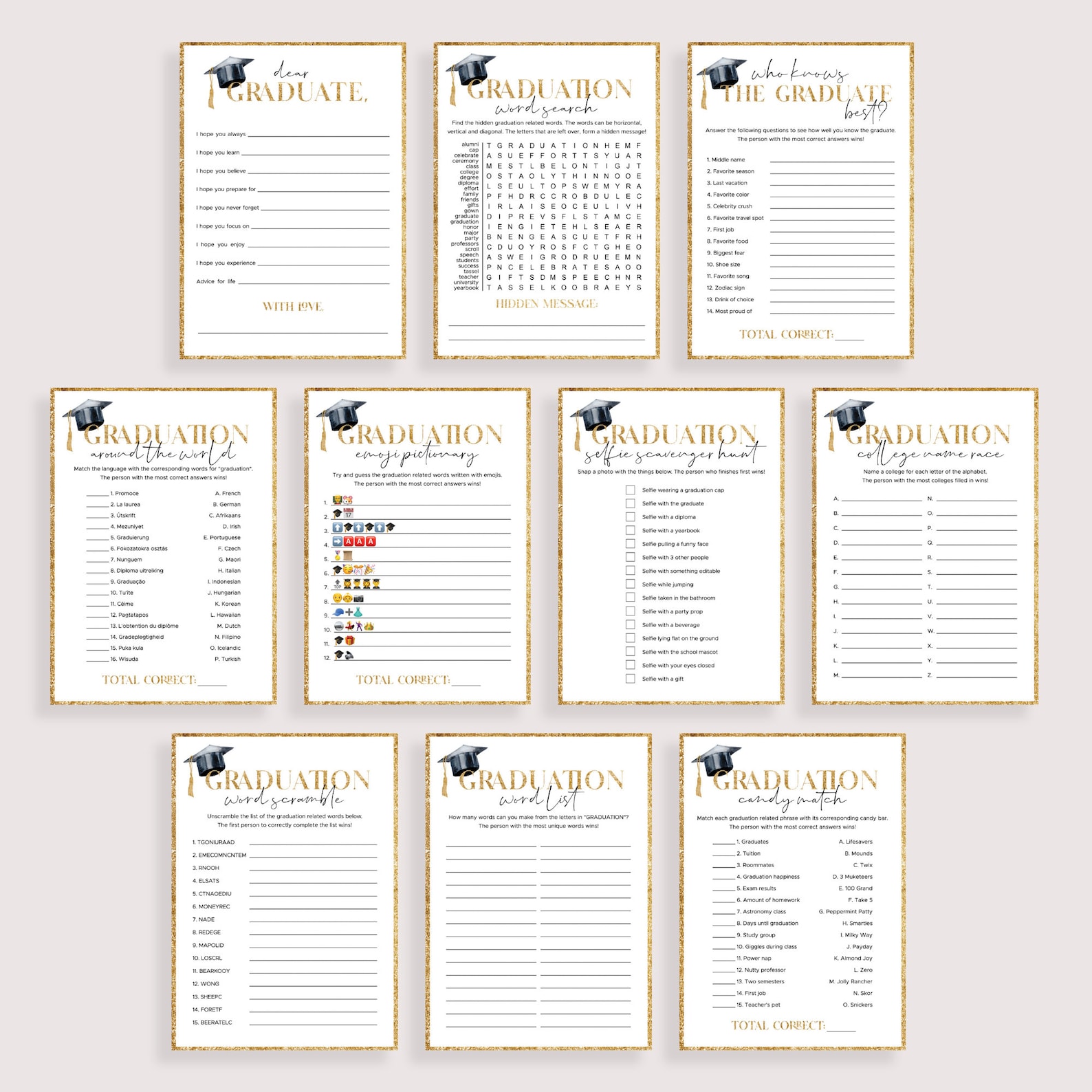 Black and Gold Graduation Party Games Printable Grad Party Game Bundle ...