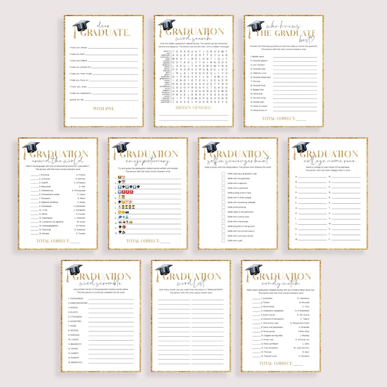 Black and Gold Graduation Party Games Printable Grad Party Game Bundle ...