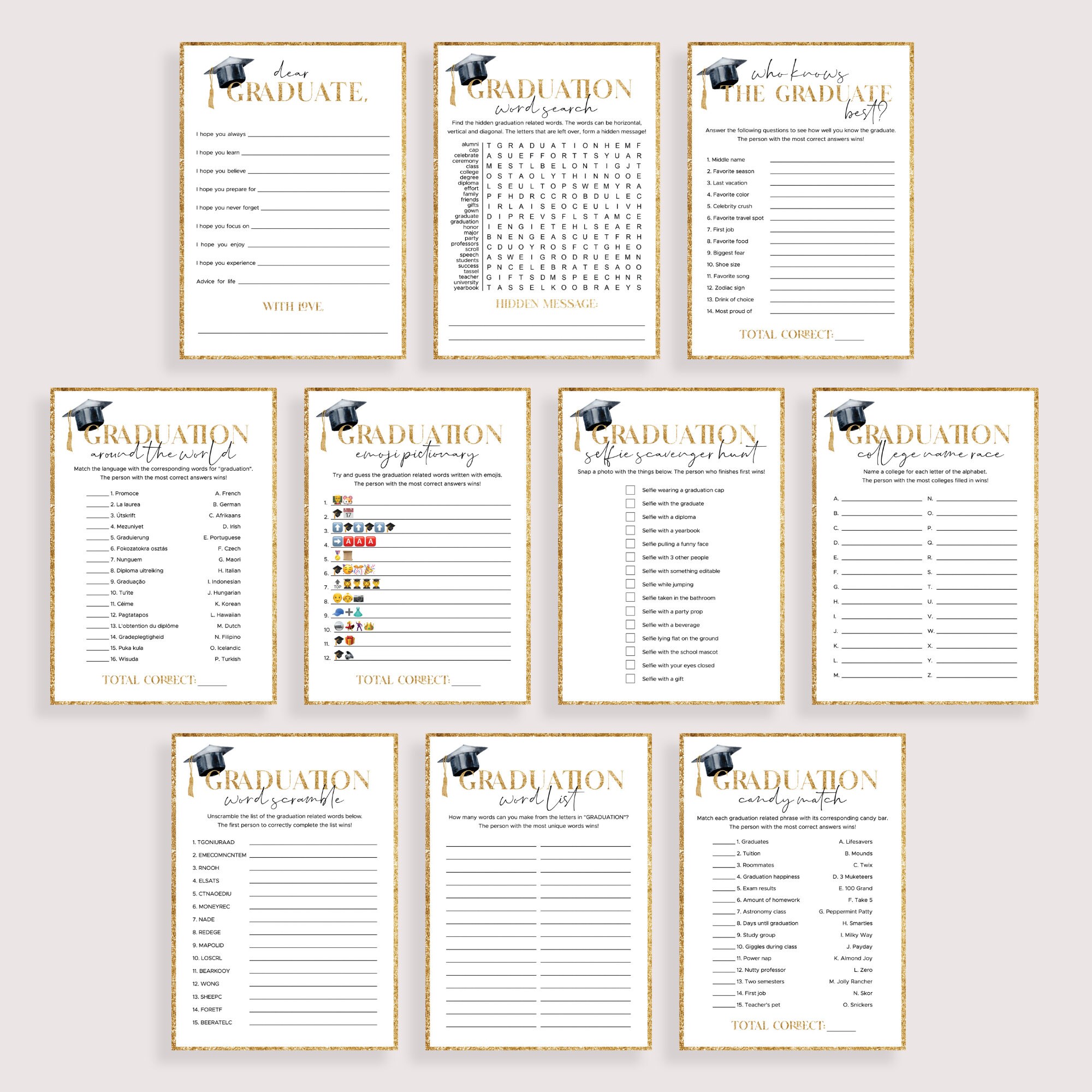Black and Gold Graduation Party Games Printable Grad Party Game Bundle ...