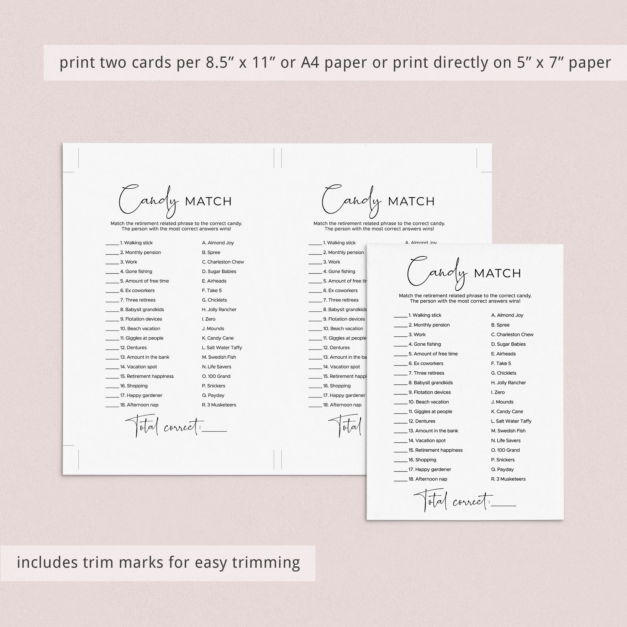 Retirement Candy Match Game Printable Black and White Activity Ideas ...