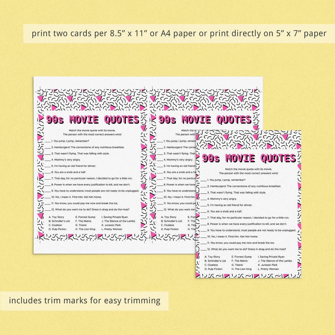 90s Movie Quotes Game Printable Nineties Themed Movie Night Activity ...