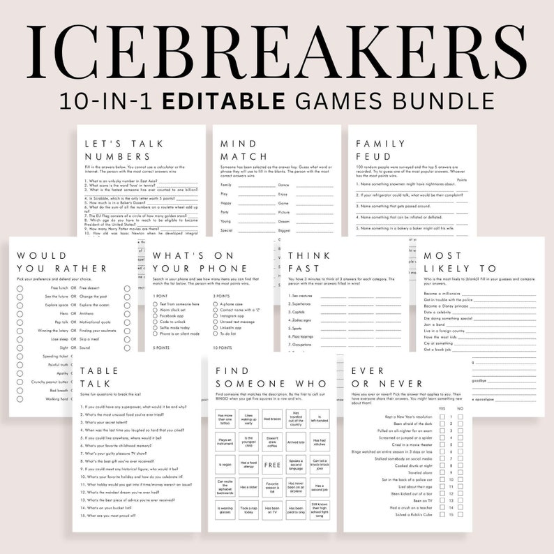 Icebreaker Games Bundle Printable Conversation Starters Dinner Party ...