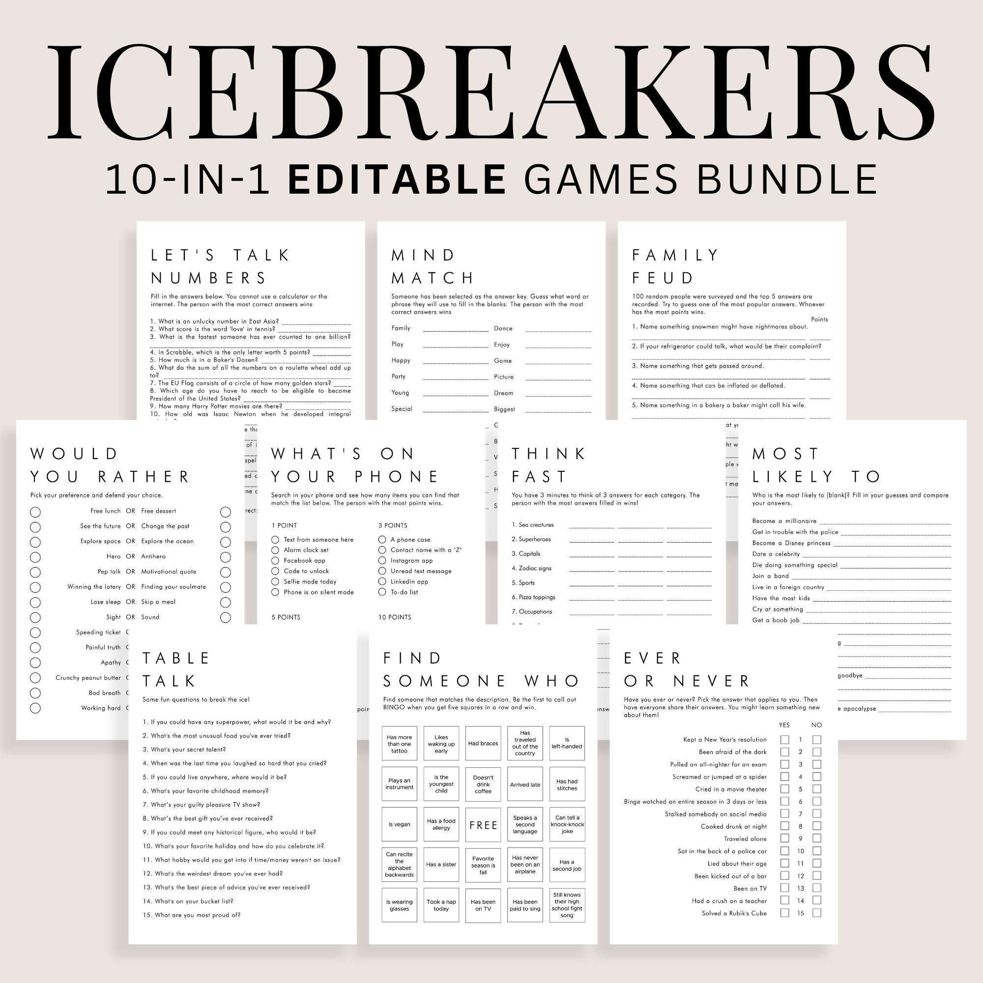 Icebreaker Games Bundle Printable Conversation Starters Dinner Party ...