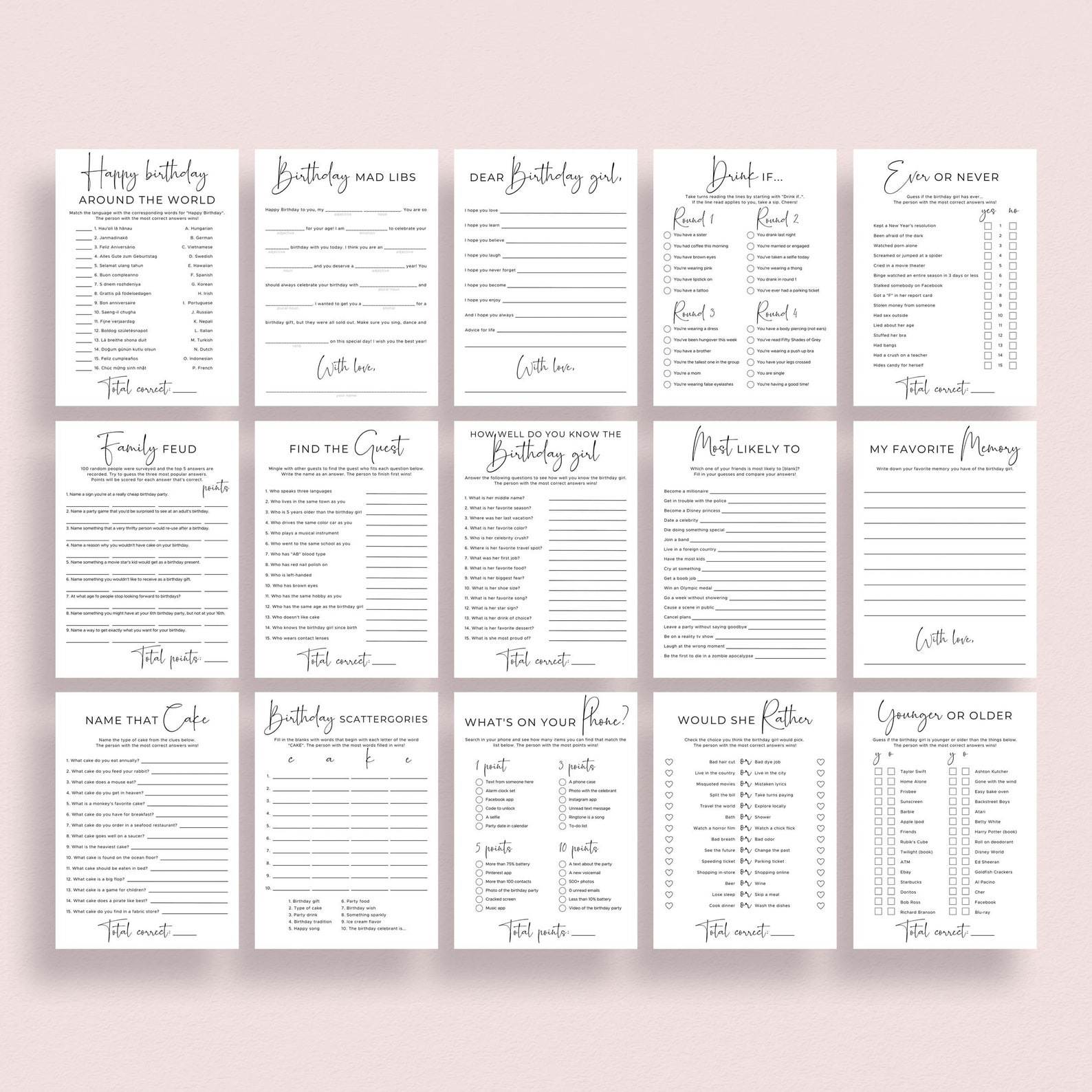 Womens Birthday Games Bundle Printable Adult Games for | Etsy