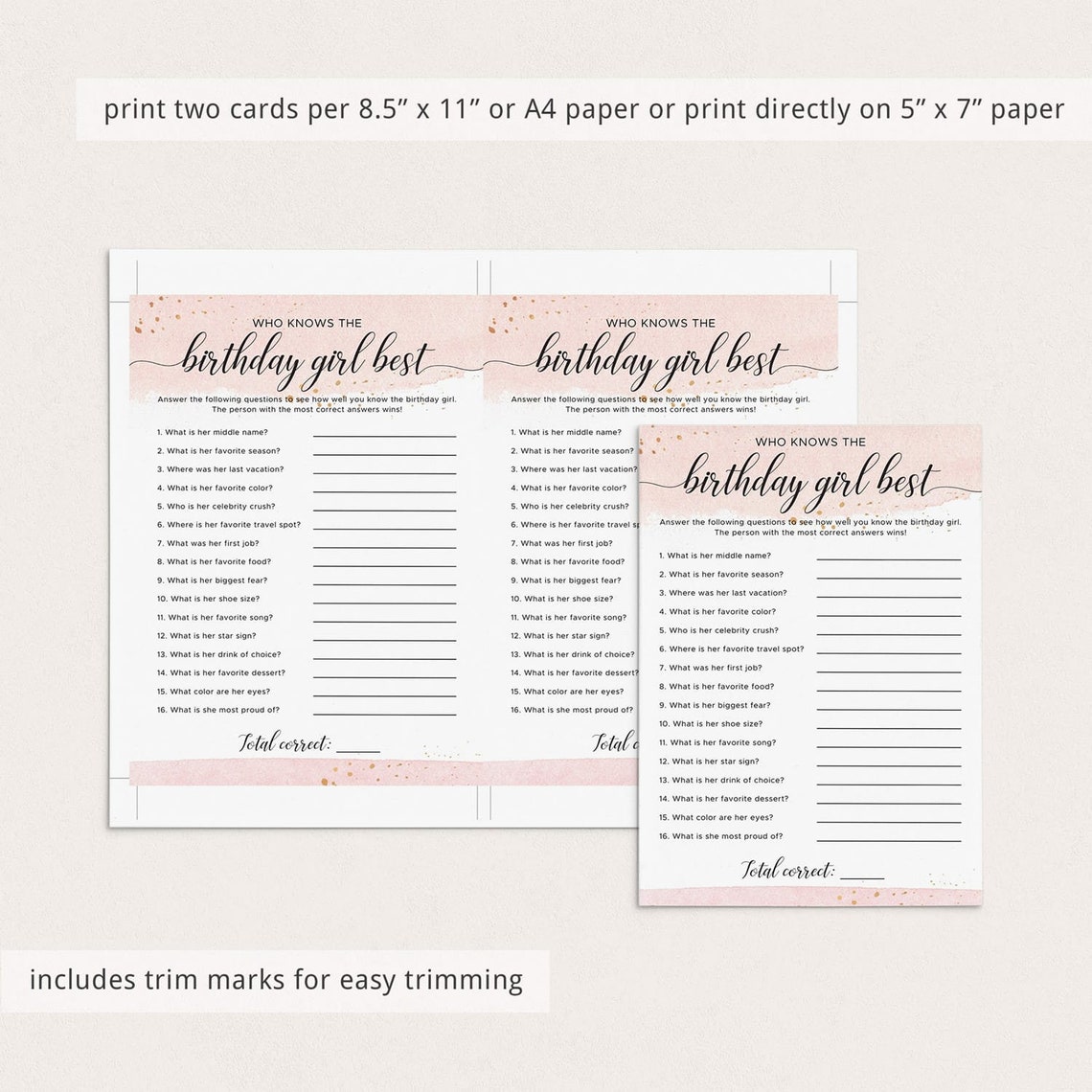 Who Knows the Birthday Girl Best Quiz Pink and Gold Birthday Party Game ...