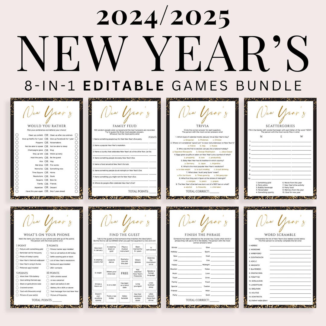 Black and Gold New Years Games Bundle Editable Printable New Year's Eve ...