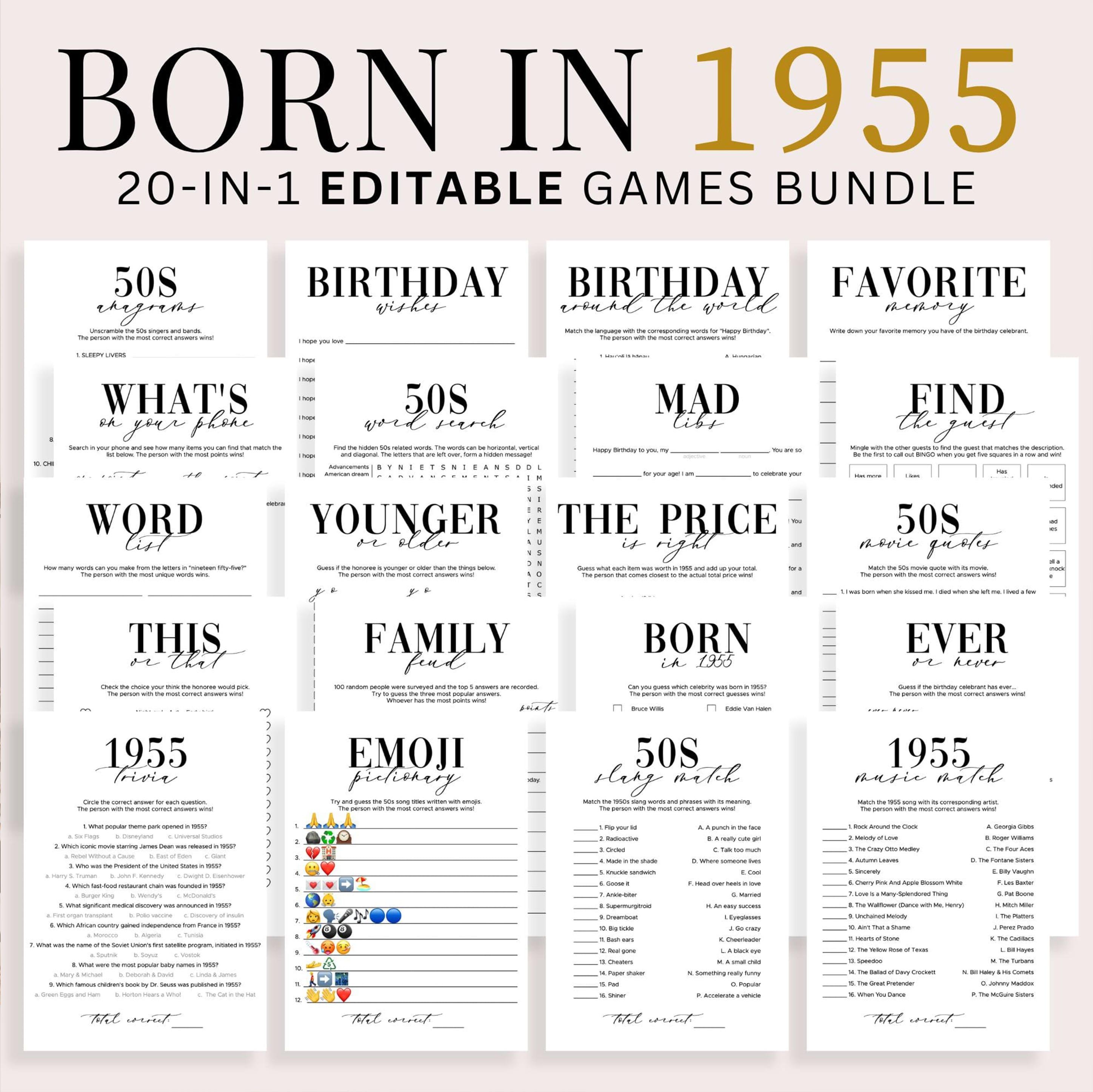 70th Birthday Games Bundle for Him or Her Birthday Party Like Its 1955 ...