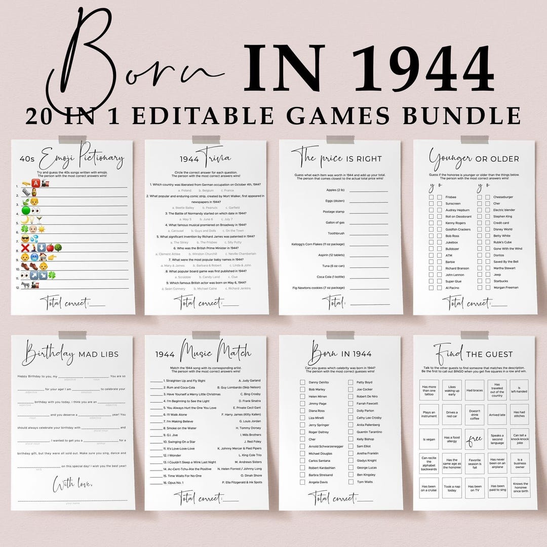 82nd Birthday Games Bundle Printable Born in 1944 Birthday Party Pack ...