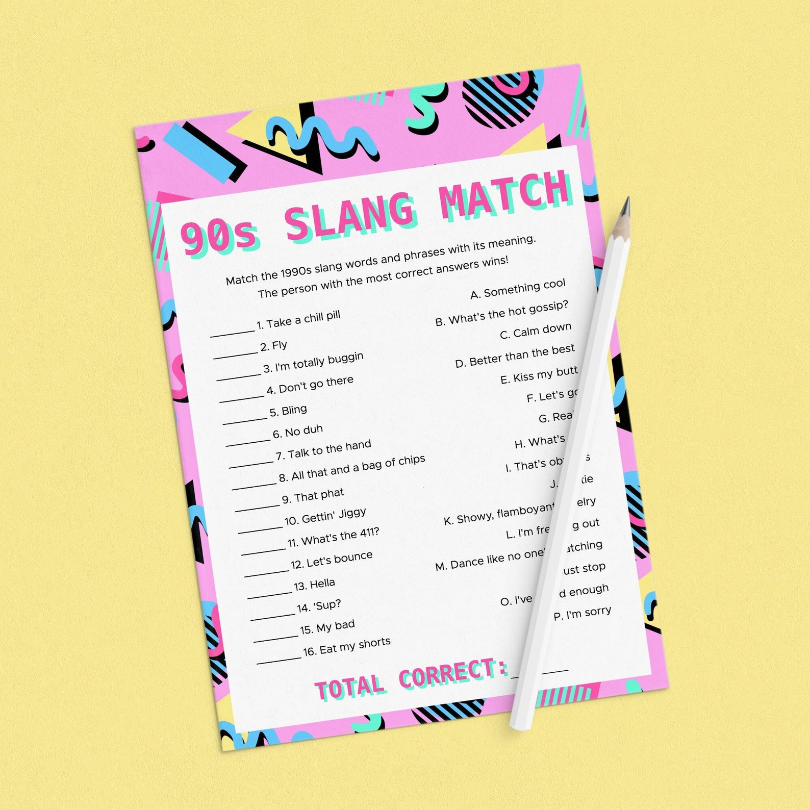 90s Slang Match Game Printable 1990s Theme Party Ideas Match the Slang ...