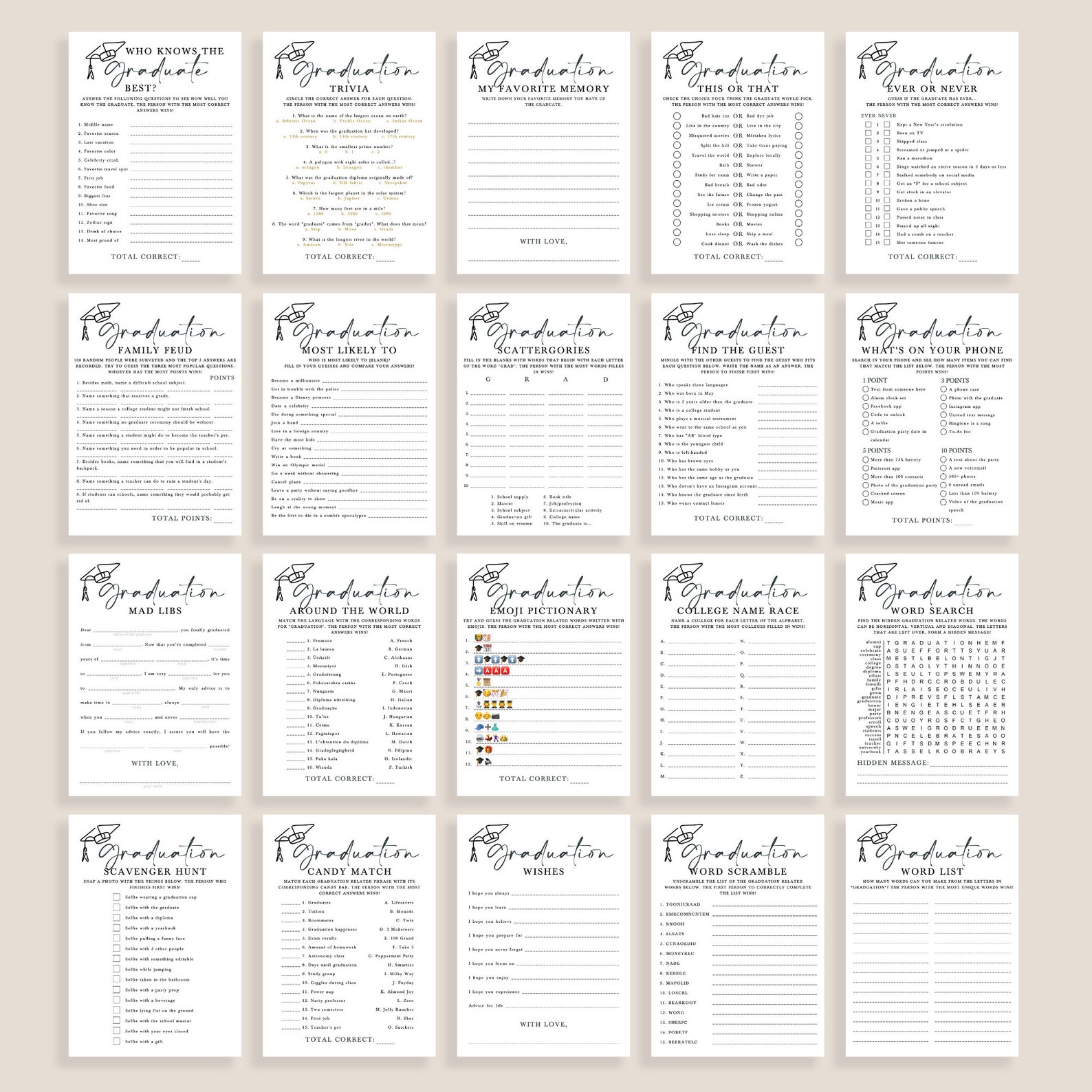 Graduation Party Games Bundle Editable Template Grad Activity Ideas ...