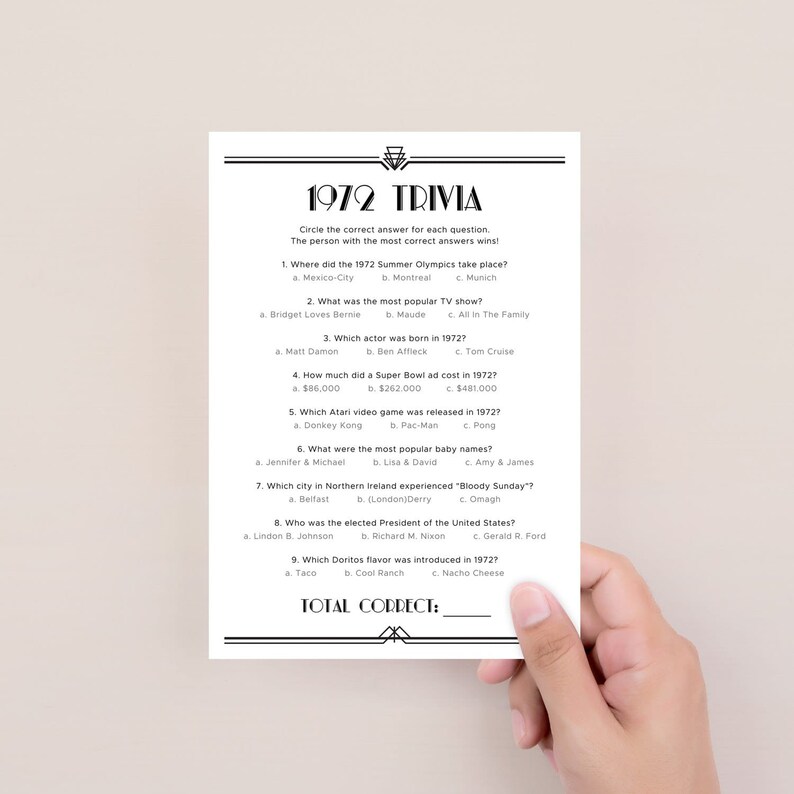 Fun Facts Quiz About 1972 Trivia Game Printable Birthday Party ...