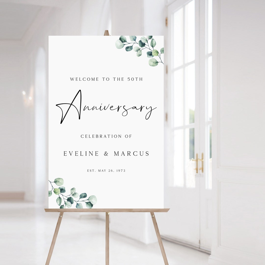 Anniversary Welcome Sign Template Greenery Wedding Anniversary Party ...
