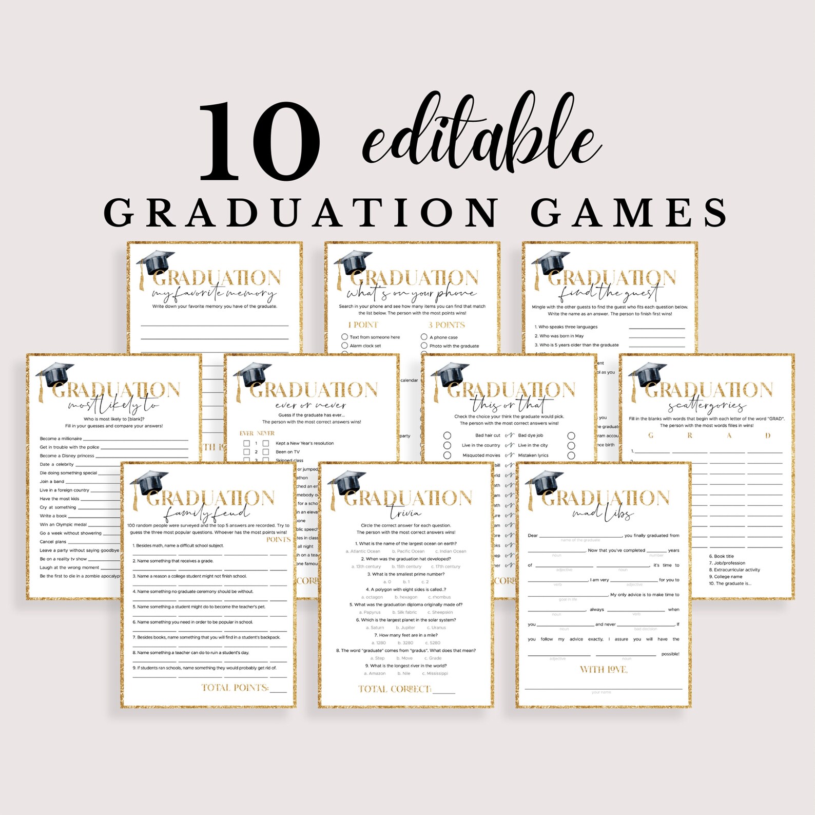 Graduation Games Bundle Printable Gold Glitter Grad Party Activity ...