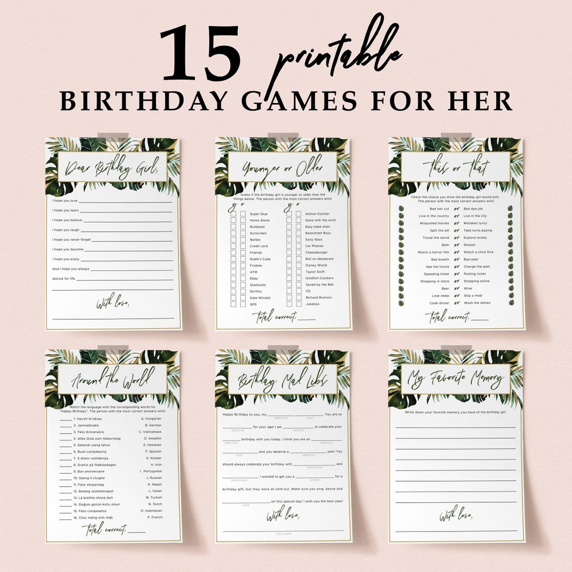 Green and Gold Birthday Games Bundle for Her Tropical Leaves | Etsy