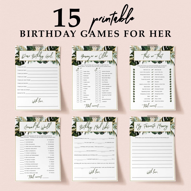 Green and Gold Birthday Games Bundle for Her Tropical Leaves Bday Party ...