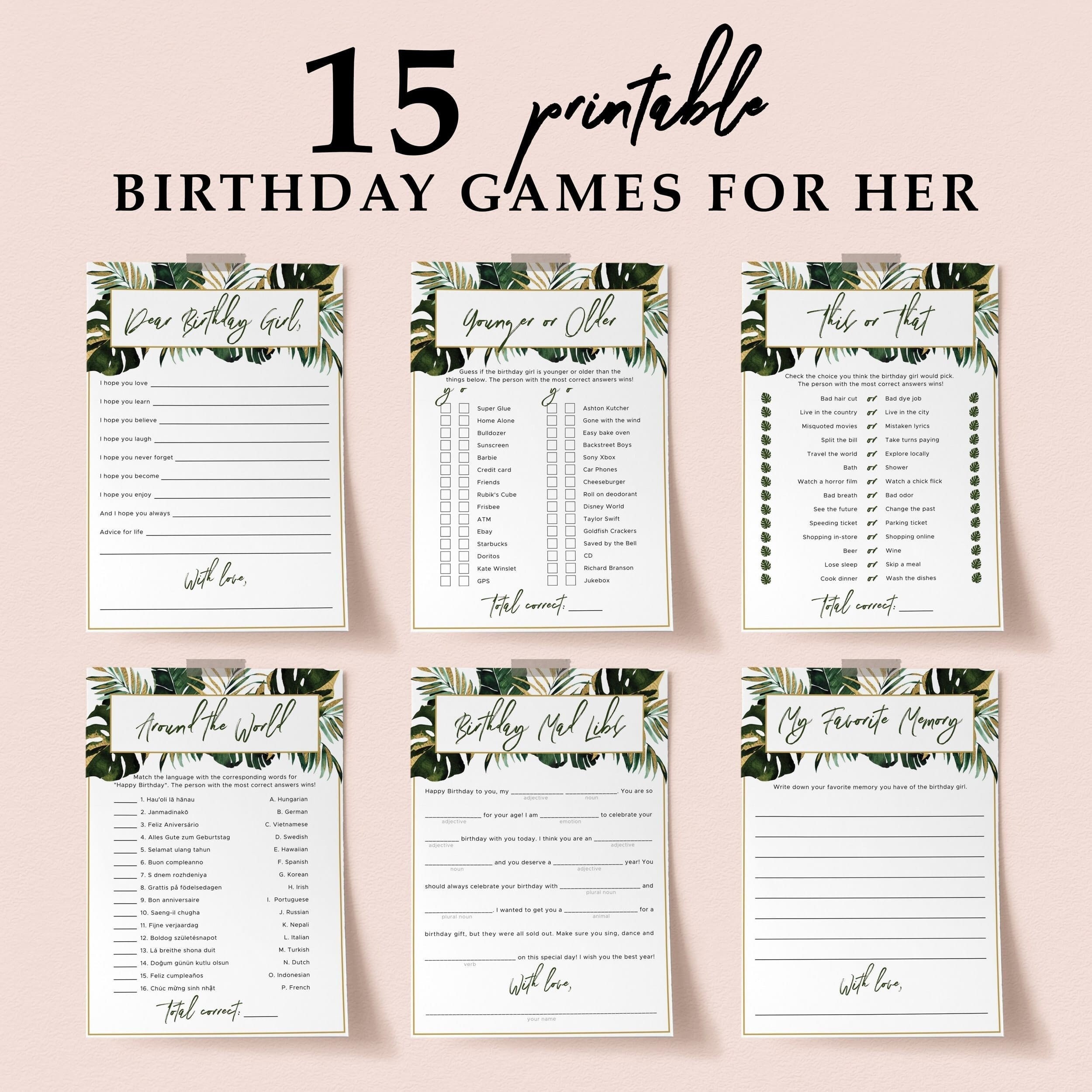 Green and Gold Birthday Games Bundle for Her Tropical Leaves Bday Party ...