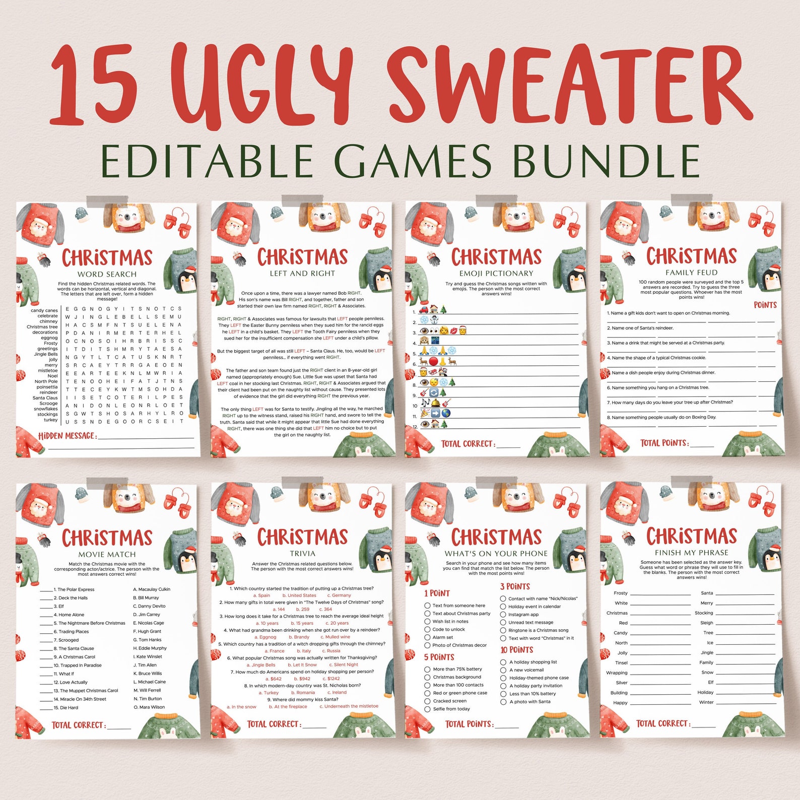 Ugly Sweater Party Games Bundle Printable Ugly Christmas Jumper Event ...