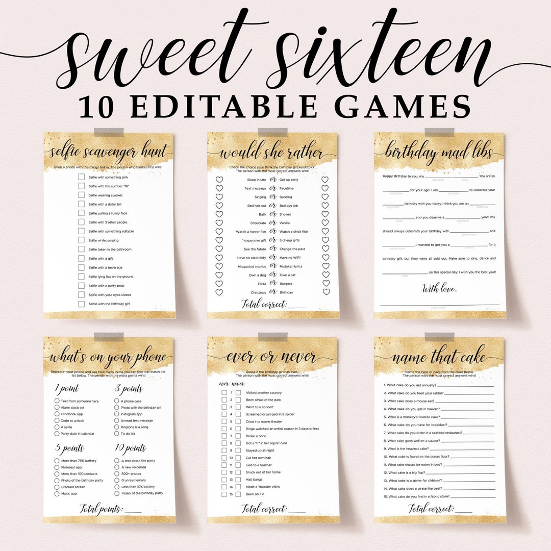 Sweet 16 Games Printable Gold Sweet Sixteen Activities Bundle Instant ...