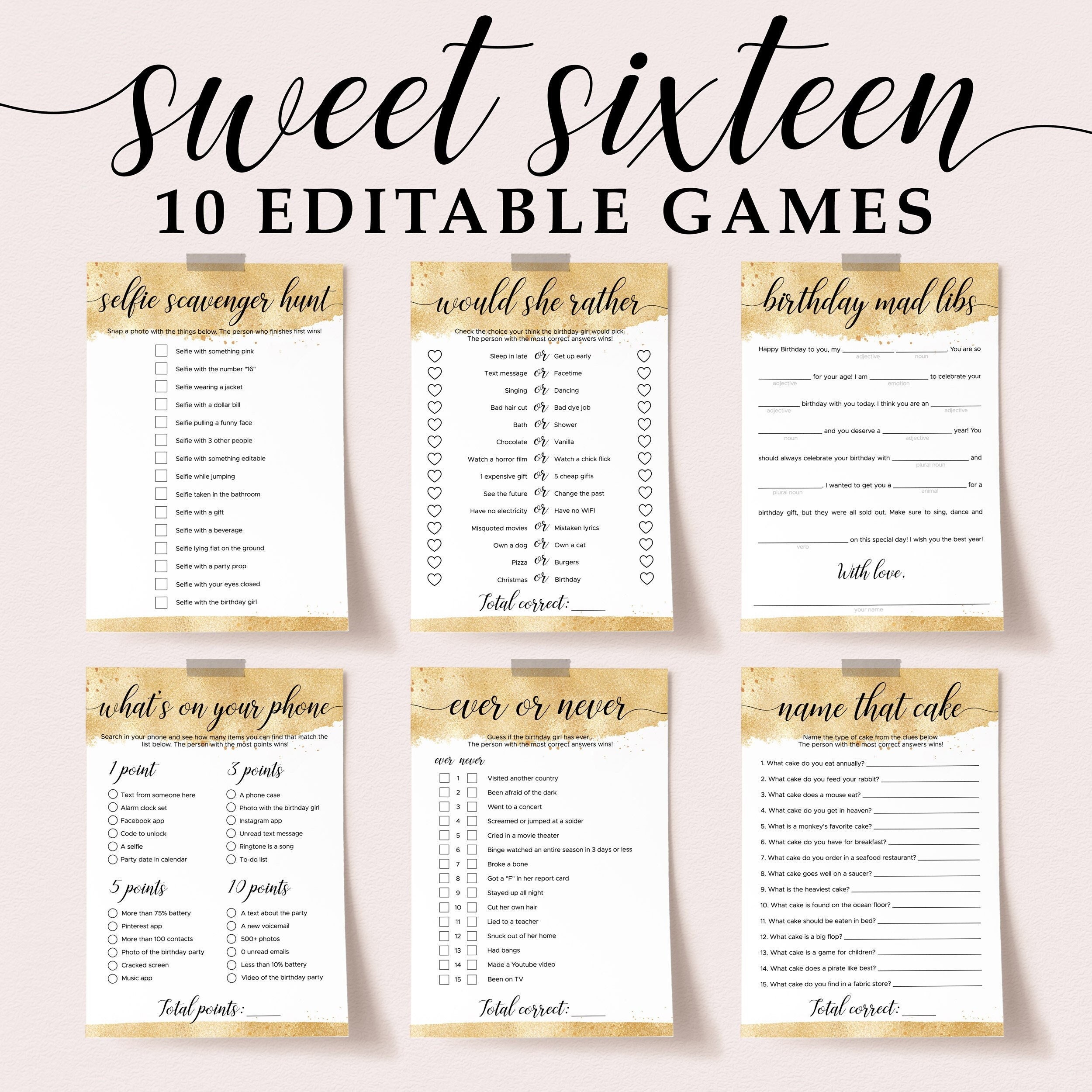 Sweet 16 Games Printable Gold Sweet Sixteen Activities Bundle Instant ...