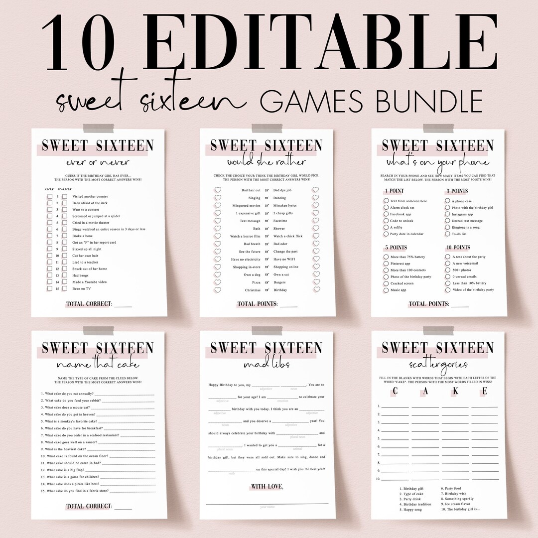 Modern Sweet 16 Games Bundle Printable Pink Sweet Sixteen Party ...