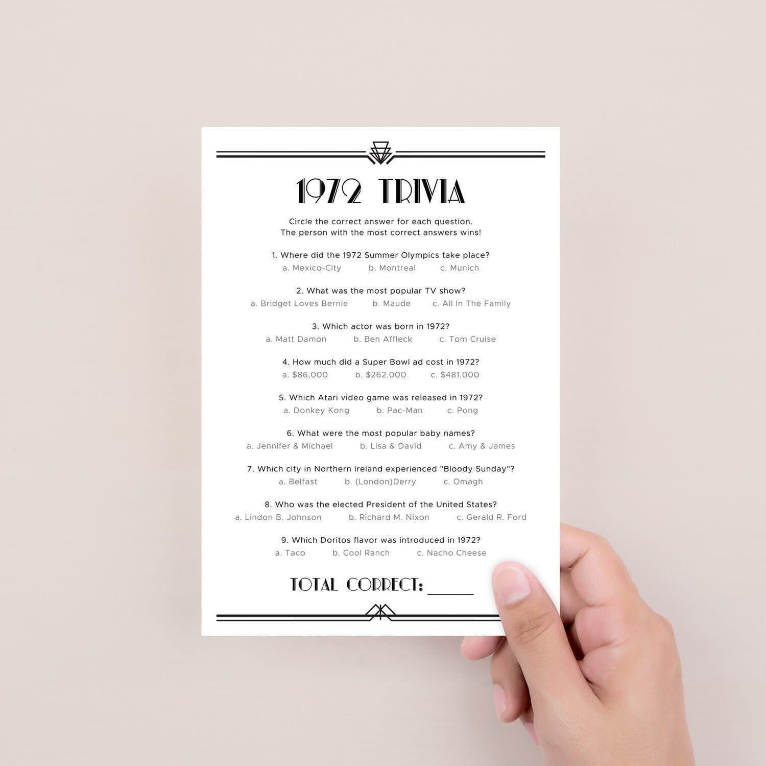 Fun Facts Quiz About 1972 Trivia Game Printable Birthday Party ...