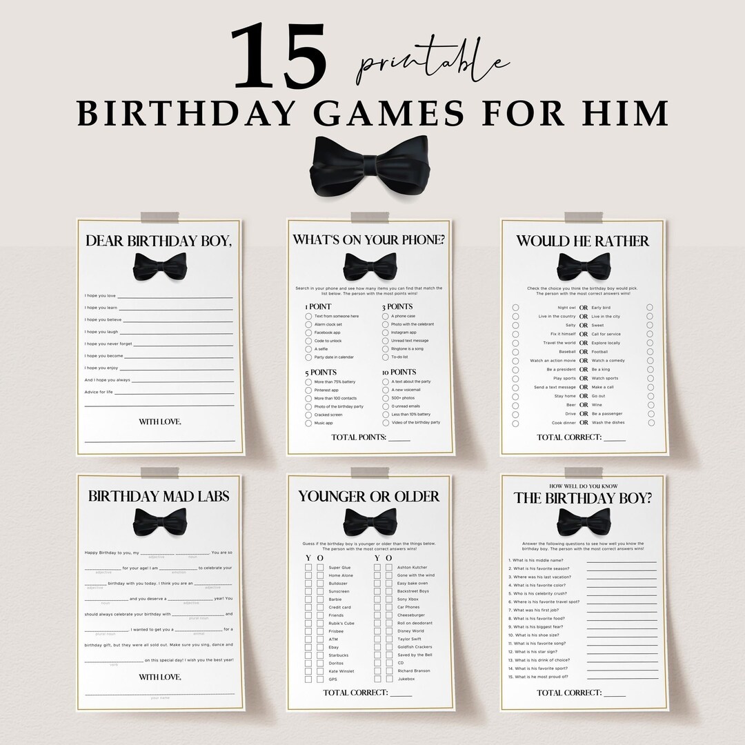 Adult Birthday Games for Him Mens Party Games Printable Black and Gold ...