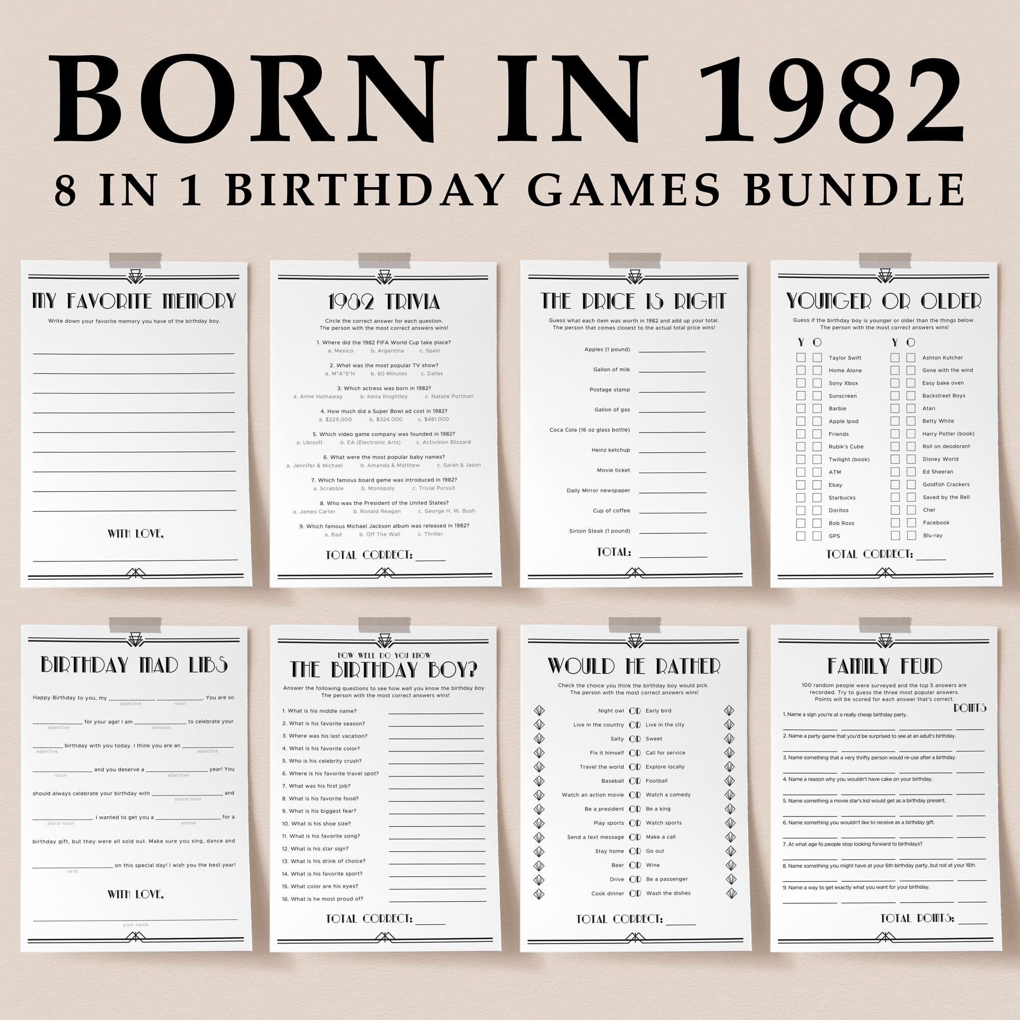 1982 Games Bundle for Him Adults Birthday Activities Set of 8 Mens Bday ...
