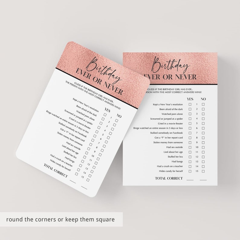 Editable Birthday Games for Her Ever or Never Game Printable Rose Gold ...