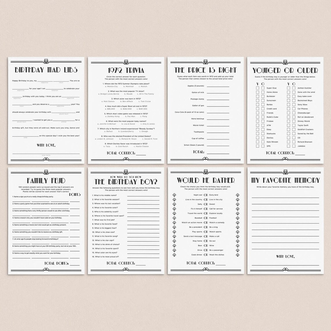 1972 Birthday Games Bundle Printable Born in 1972 Trivia Games | Etsy