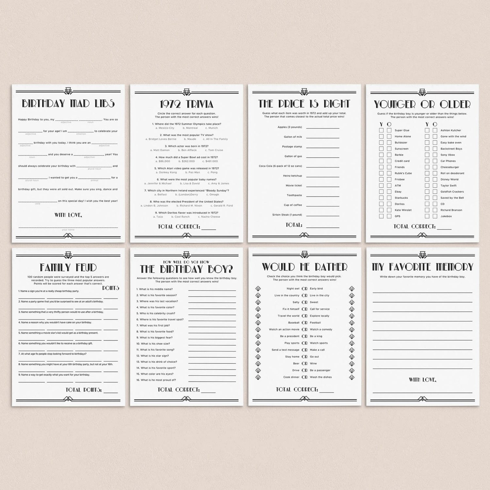 1972 Birthday Games Bundle Printable Born in 1972 Trivia Games for Him ...