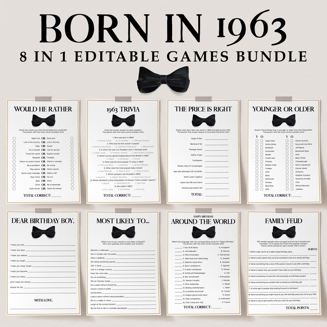 1963 Birthday Party Games Pack Instant Download Adults Activity Ideas ...
