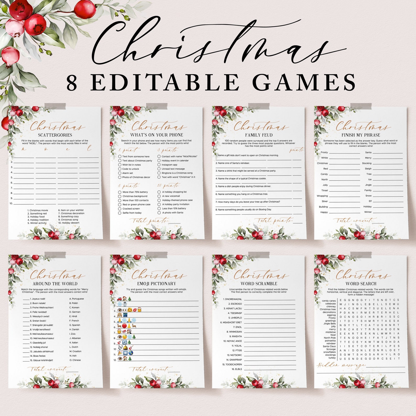 Classic Christmas Games Bundle Greenery Christmas Berries - Etsy