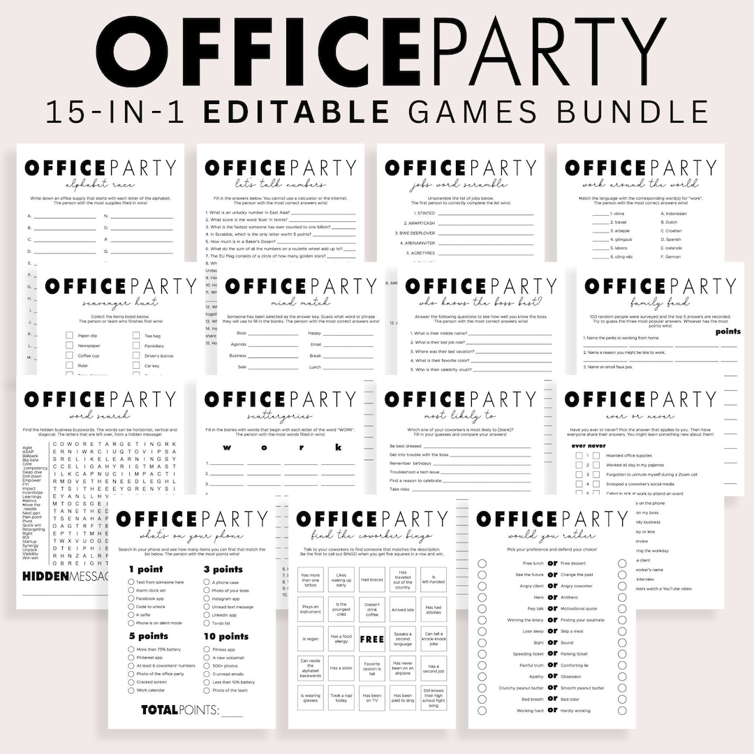 Work Party Games Bundle Printable Modern Office Party Games for ...