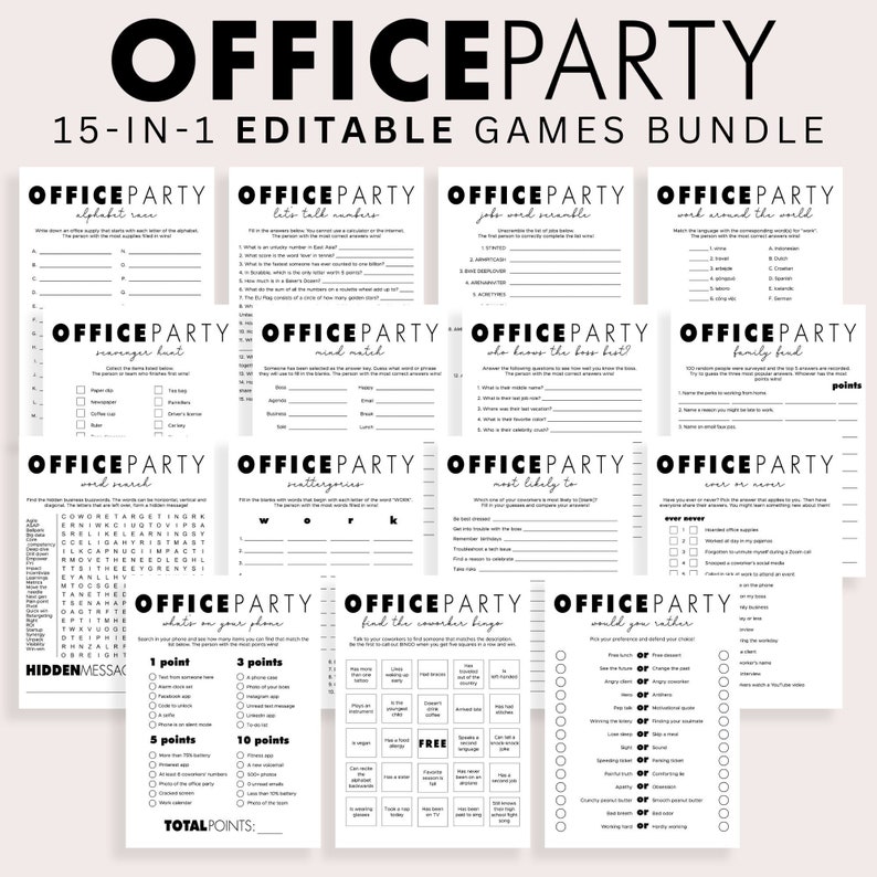 Work Party Games Bundle Printable Modern Office Party Games for ...