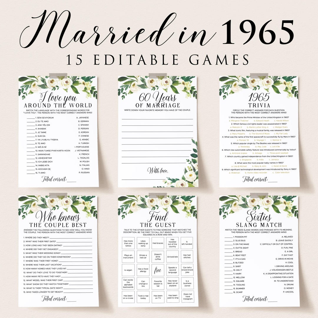 60th Wedding Anniversary Party Games | Married in 1965 Trivia Quiz ...