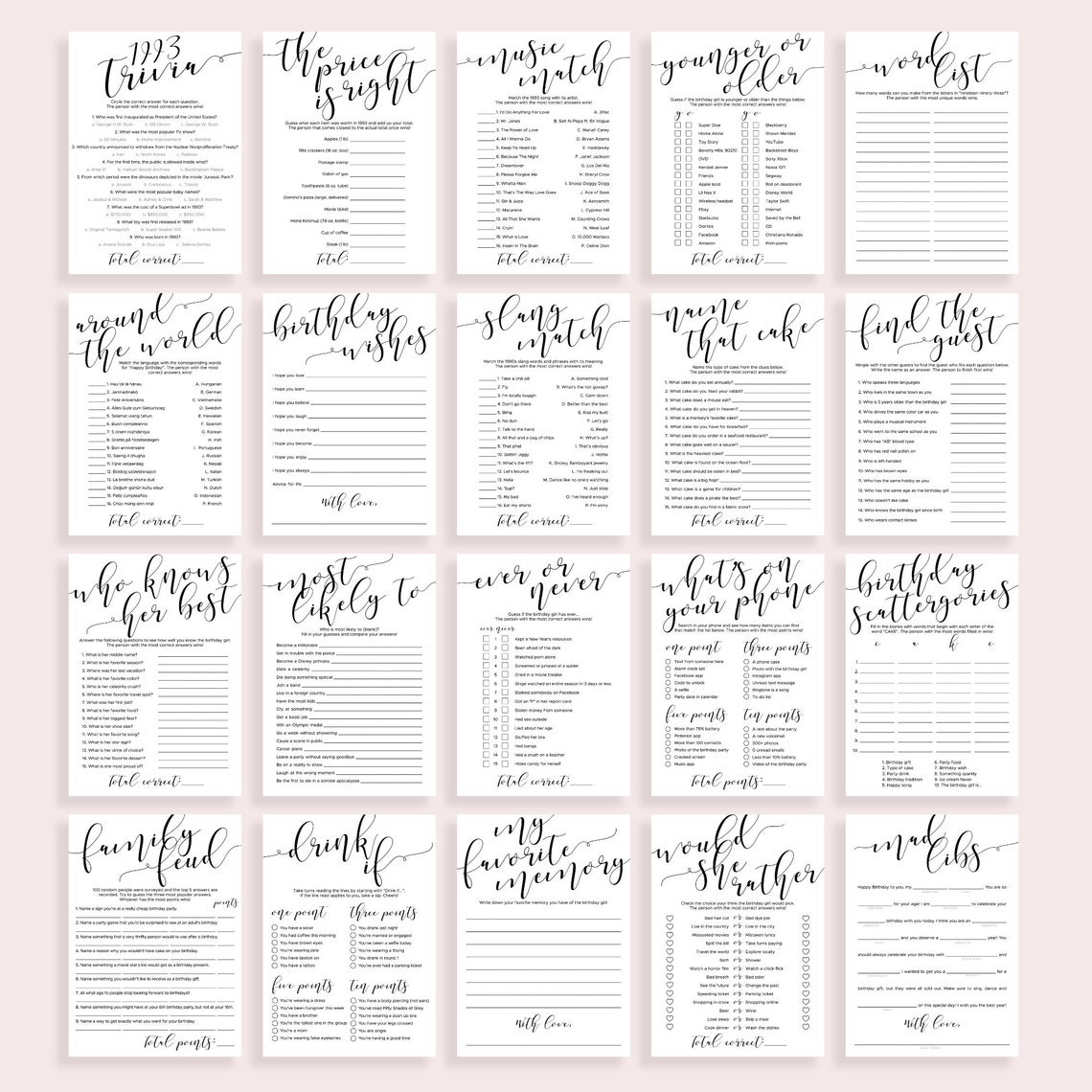 Calligraphy Birthday Games Bundle for Her Born in 1993 Woman Turning 31 ...