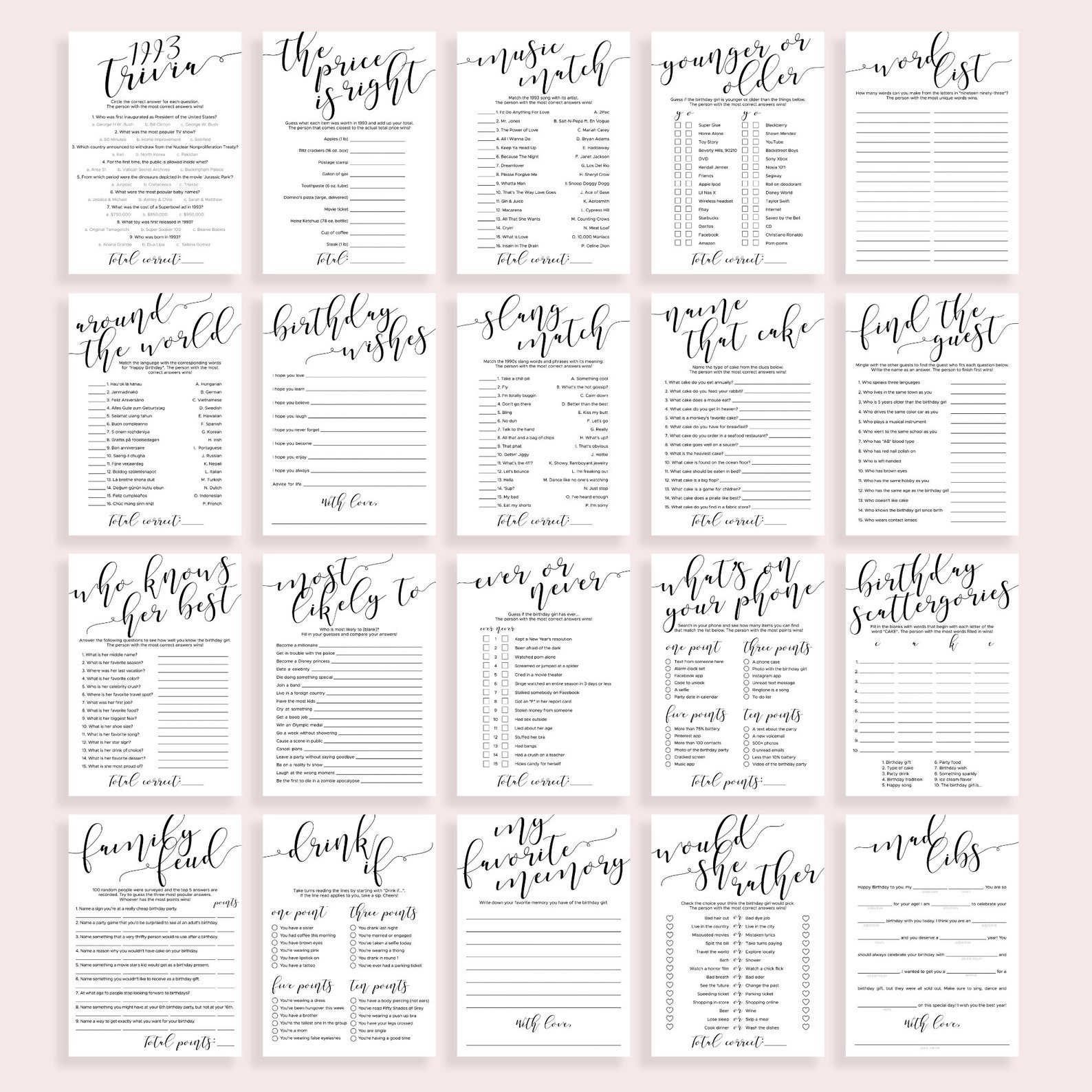 Calligraphy Birthday Games Bundle for Her Born in 1993 Woman Turning 31 ...