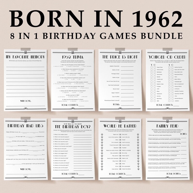 Born in 1962 Birthday Games Bundle Printable Turning 62 Activity Ideas ...