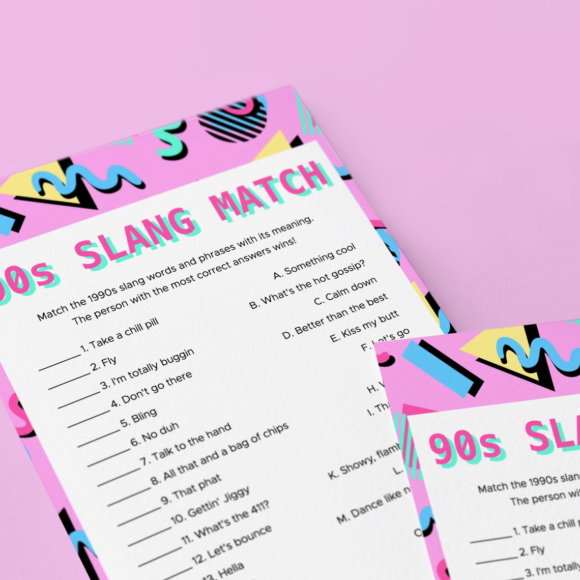 90s Slang Match Game Printable 1990s Theme Party Ideas Match the Slang ...