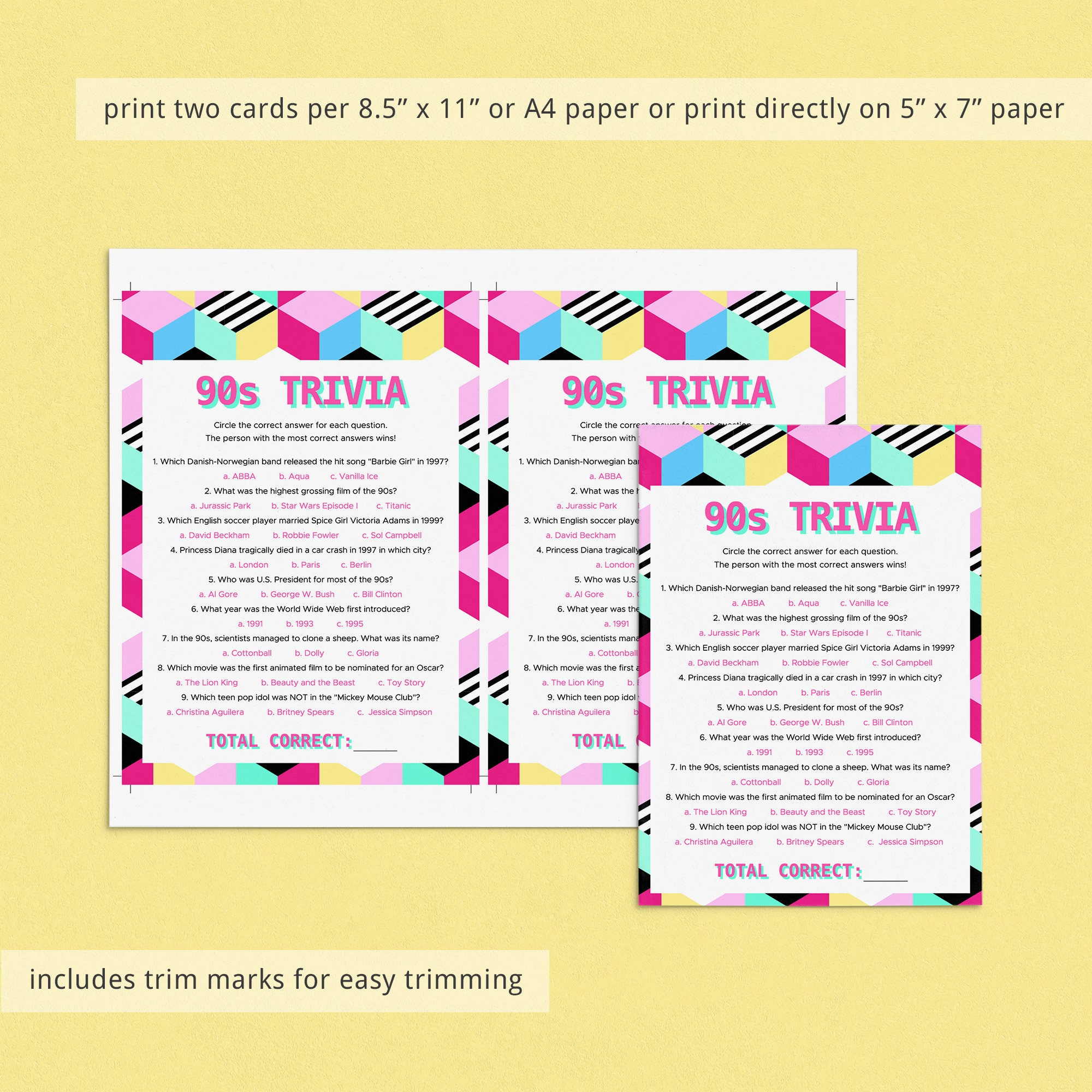 90s Trivia Printable Pop Culture Quiz Game Nineties Theme Party ...