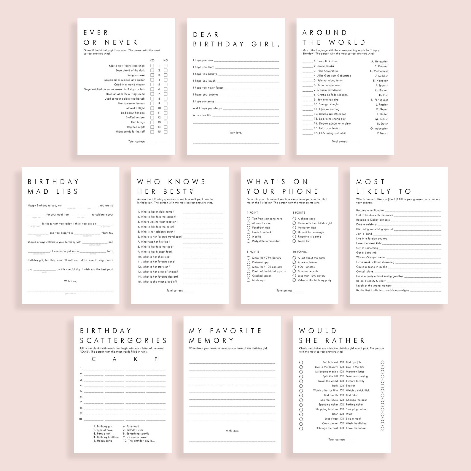 Womens Birthday Games Bundle Printable Minimalist Birthday Party for ...